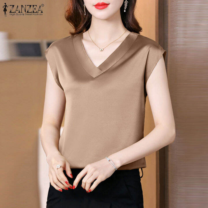 ZANZEA Korean Style Women's Blouse Formal Office Short Sleeve V-Neck ...