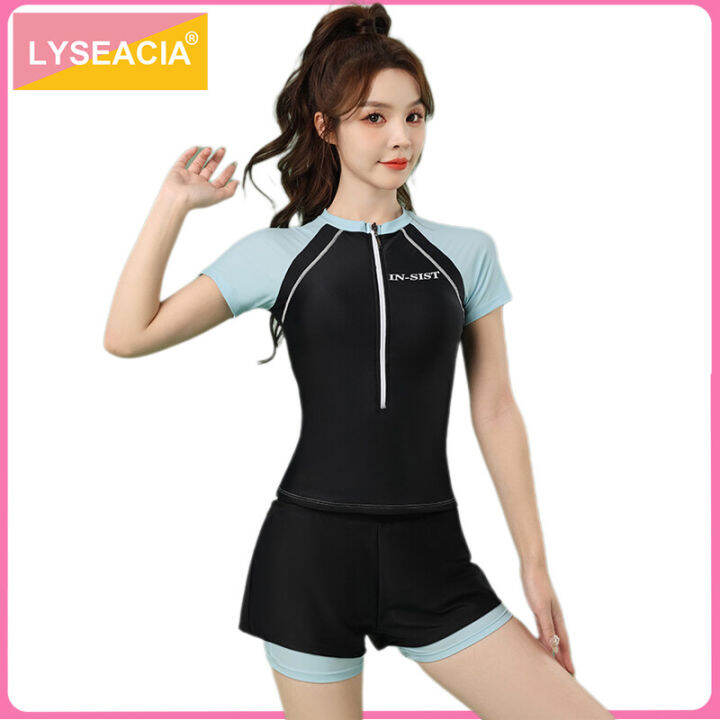 LYSEACIA ชุดว่ายน้ำสองชิ้นผ้ายืดสำหรับผู้หญิงกางเกงขาสั้นสองชั้นบุชุดว่ายน้ำนักกีฬาขนาดพลัสไซส์ ...
