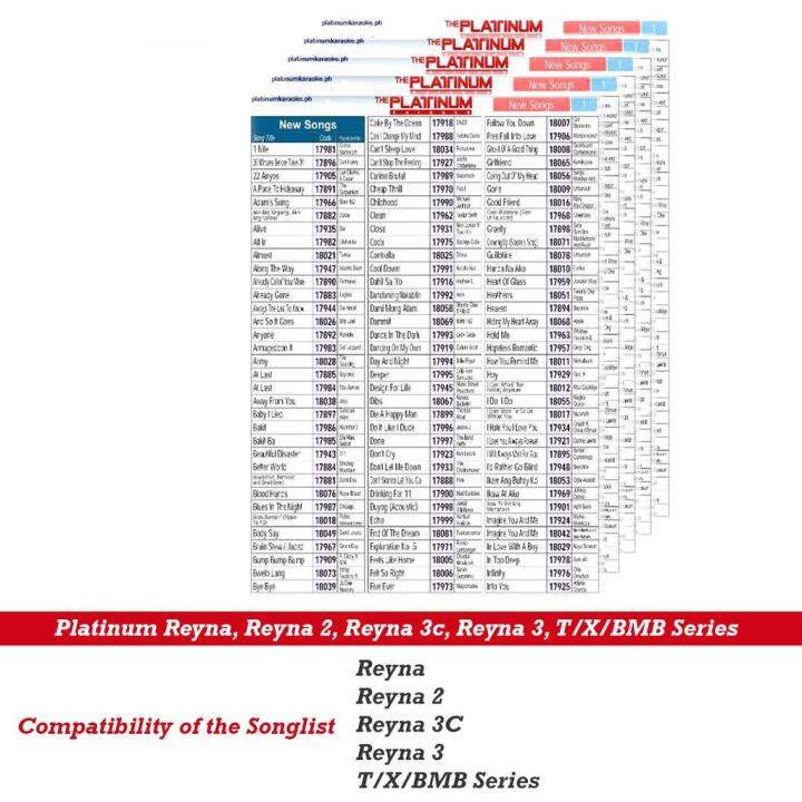 The Platinum DVD/Karaoke Complete Songlist Only for Reyna, Reyna 2, Reyna 3c, Reyna 3, T/X/BMB ...