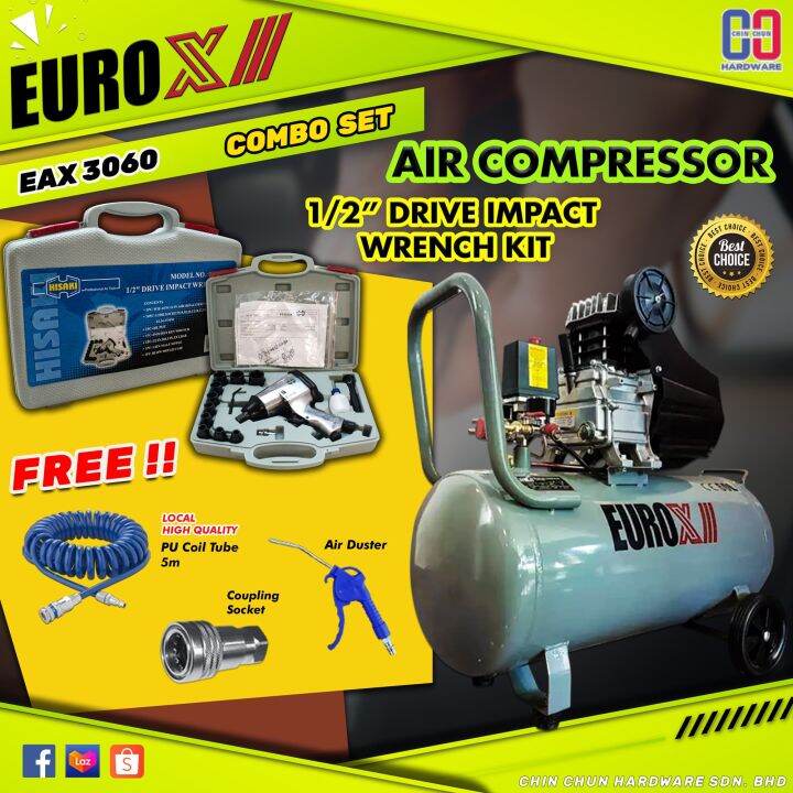 EURO-X|EUROX EAX-3060|EAX3060|EAX 3060 60L AIR COMPRESSOR (GOLD/EMAS)|PU COIL TUBE|COUPLING ...