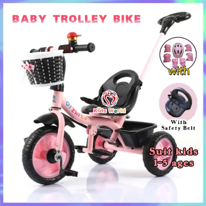 Baby 3 Wheels Trolley Bike Learning kids bike with Front Basket and Push Bar stroller for ...