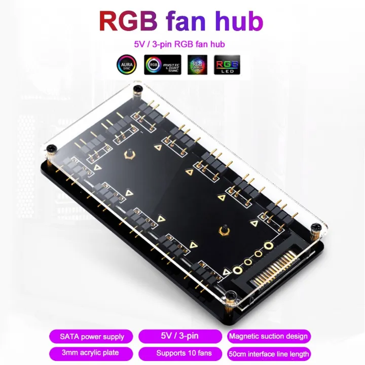 5V 3 Pin Case Easy Install Black RGB Fan Hub Splitter Computer ...