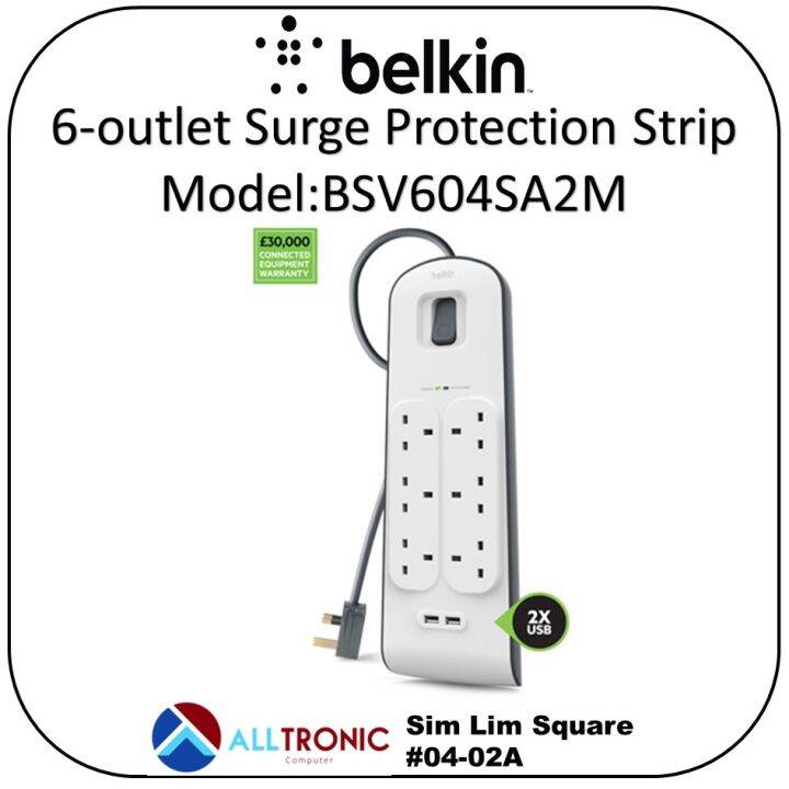 Belkin 6 Way Socket Outlet Surge protection strip with 2 USB Port ...