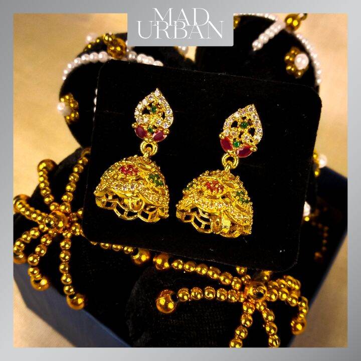 [NEW] Gold Plated Jimikki Earring in White, Pink & Green Stones with ...