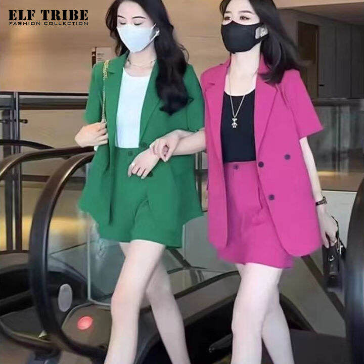 ELF TRIBE ชุดสูท2ชิ้นเสื้อสูทและกางเกงขาสั้นครึ่งแขนลำลองแฟชั่นเกาหลี ...
