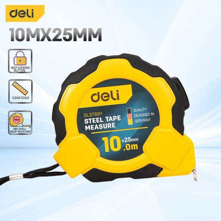 Deli Tape Measure 10m/7.5m/5m/3m With Rubber Side Yellow Blade Has 2 ...