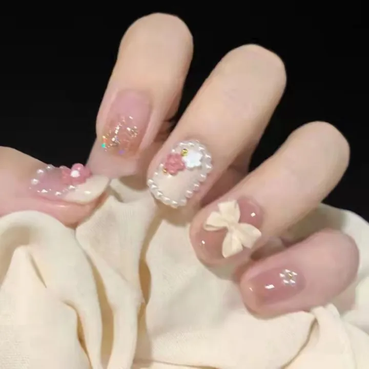 【Ready Stock/COD】24pcs/Box Heart Bow Full Cover Artificial Short Round ...