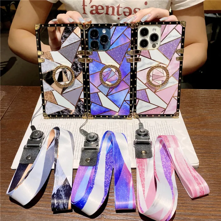 เคสโทรศัพท์เหลี่ยมลายหินอ่อนหลากสี สายคล้อง เคส Tpu ชุบทองหรูหรา