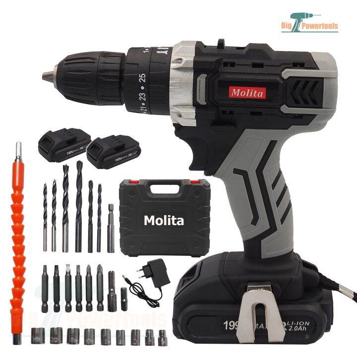 MOLITA สว่านไร้สาย 199V สว่านกระแทก 3 ระบบ แบตเตอรี่ 2 ก้อน สว่านแบต สว่าน พร้อม ดอกสว่าน และ ...