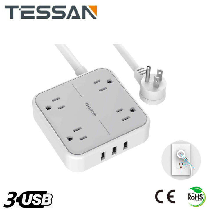 TESSAN Extension Cord Socket Mountable Power Strip with 3 USB Ports,4 ...