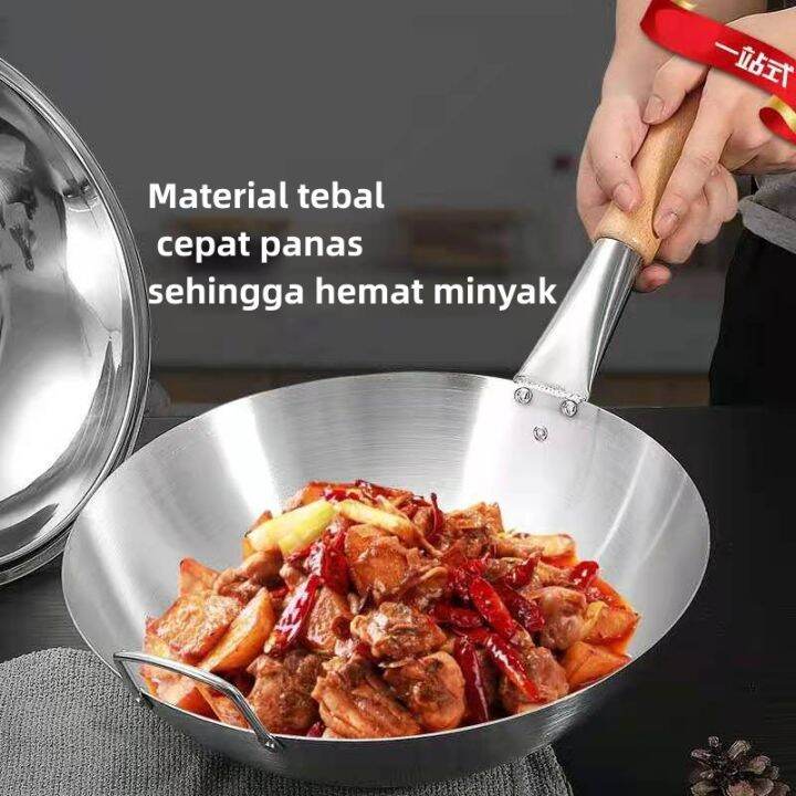 Wajan Stainless steel Premium Ukuran 32/34/36/40/43 cm Gagang Kayu | Lazada Indonesia