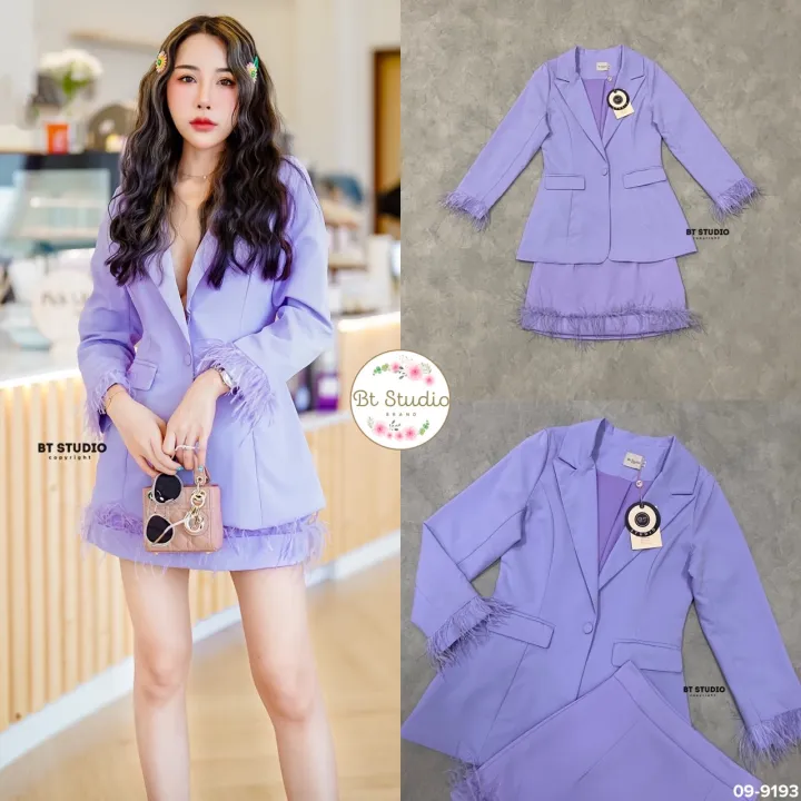 งานป้าย BT-Studio set 2ชิ้นเสื้อเบเซอร์แขนยาวคอปกแต่งกระดุมเม็ดเดียว ปลายแขนแต่งขนนกมุ้งมิ้ง ...