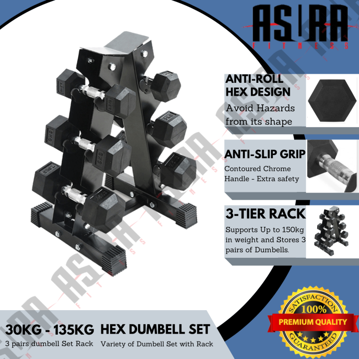 30KG - 135KG Premium Hexagon Dumbell Set with 3-Tier Vertical A Frame ...
