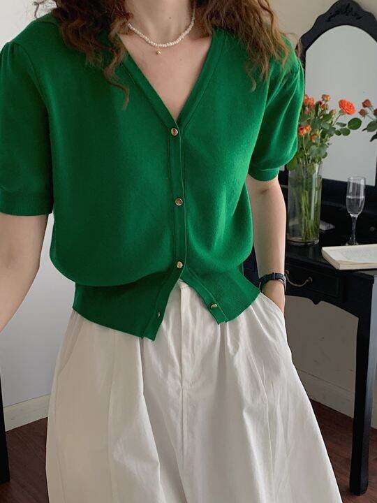 Gakki เสื้อยืดสเวตเตอร์ถัก เสื้อคลุมแขนสั้นไหมพรม ผ้านิ่มใส่สบาย ฟรีไซส์ สีพื้นพร้อมส่ง 1203 ...