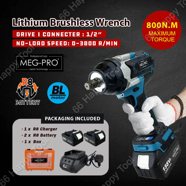 MEG-PRO 800N.M Lithium Brushless Impact Wrench Cordless Electric Wrench ...