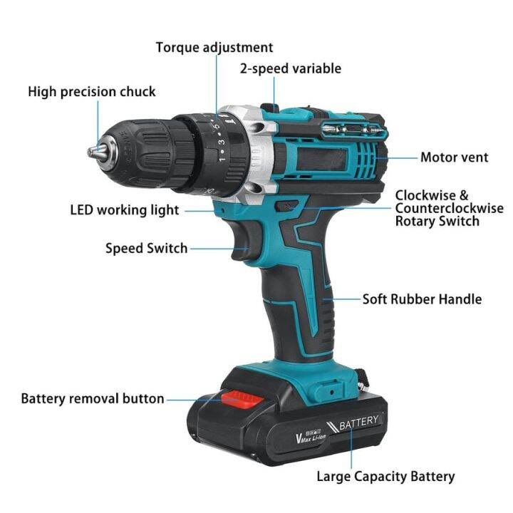 24V 48V Cordless Drill 2x Battery Impact Electric Drill & Screwdriver ...