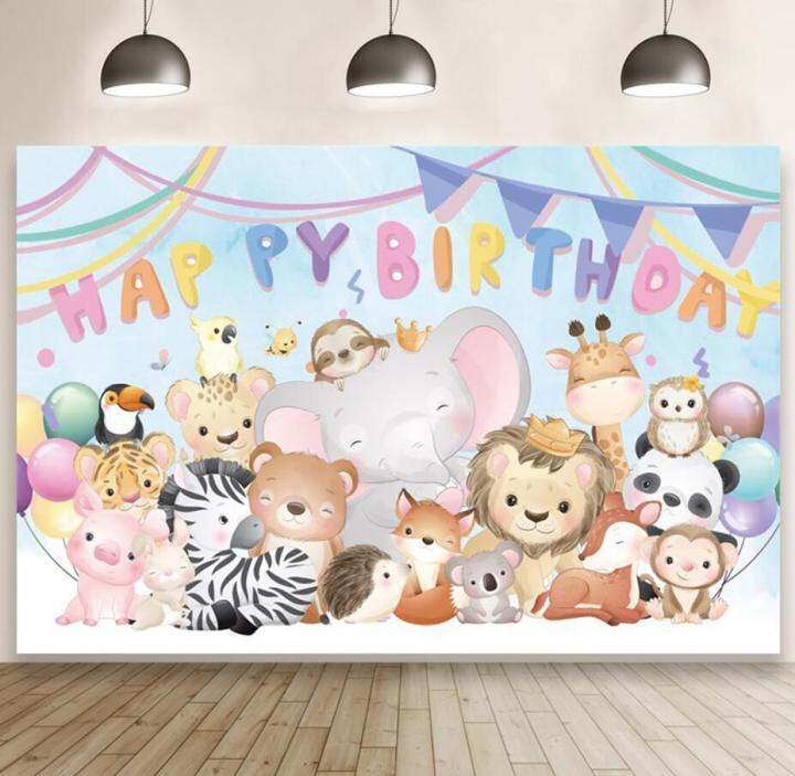 7x5ft Forest Cartoon Animals Backdrop Happy Birthday Backdrop Banner ...