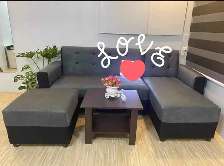 SALA SET L SHAPE DARK GREY BUTTONS FABRIC WITH CENTER TABLE | Lazada PH