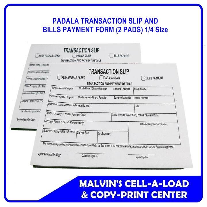 PADALA TRANSACTION SLIP & BILLS PAYMENT FORMS (2 PADS) | Lazada PH