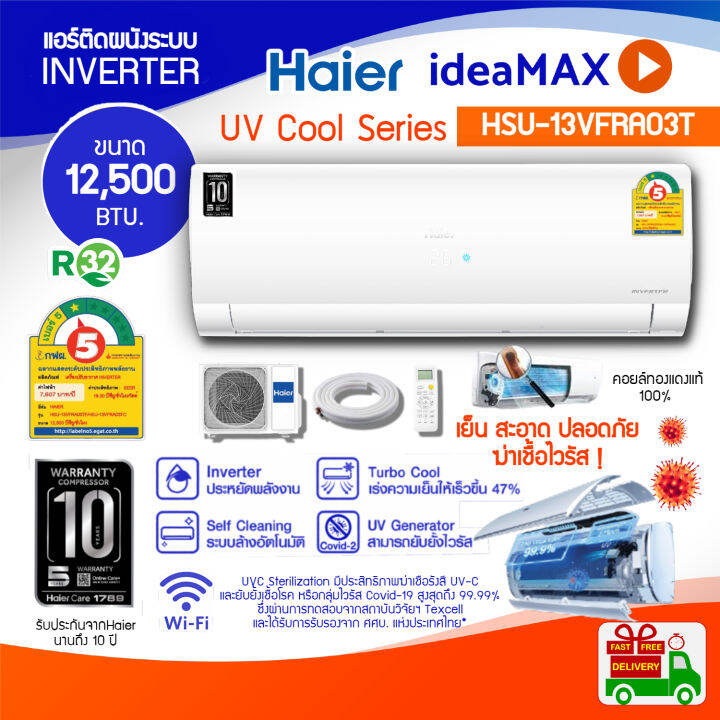 Haier แอร์ติดผนังระบบ Inverter +UV Cool +ฟอกอากาศ+WIFI ขนาด 12,500 BTU รุ่น HSU-13VFRA03Tรับ ...