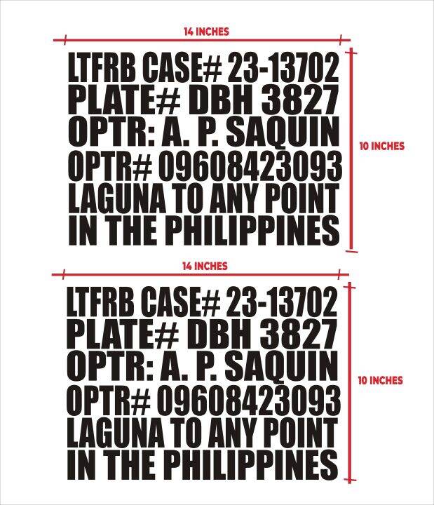 CUSTOMIZED CUT OUT VINYL STICKER 2PCS. LTFRB CASE NO. | Lazada PH