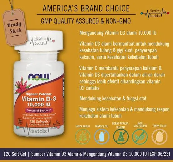NOW - HIGHEST POTENCY Vitamin D3 Highest Potency 10,000 IU 120 Softgels Support Immune System ...