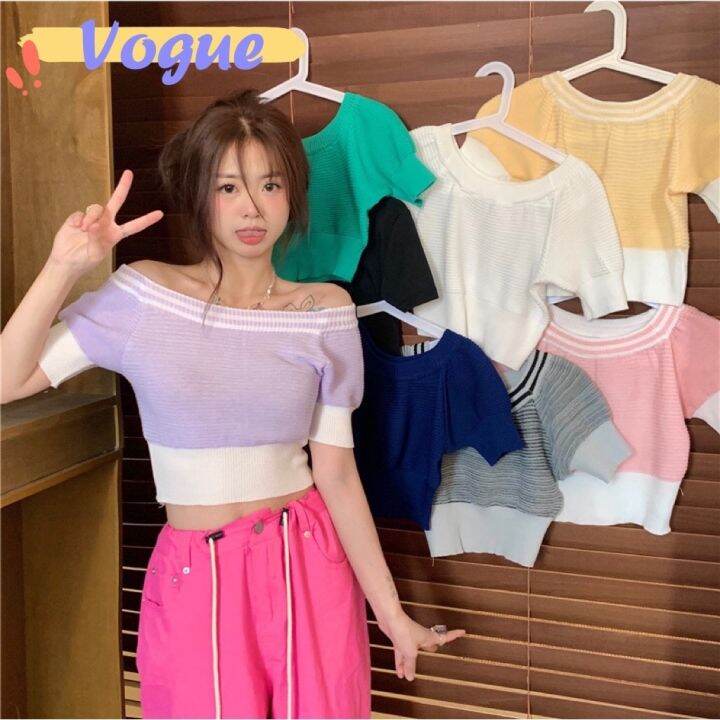Vogue🌟พร้อมส่ง🌟 เสื้อไหมพรม แขนยสั้น ใส่ได้2แบบเปิดไหล่ก็เก๋ (9065) -N ...