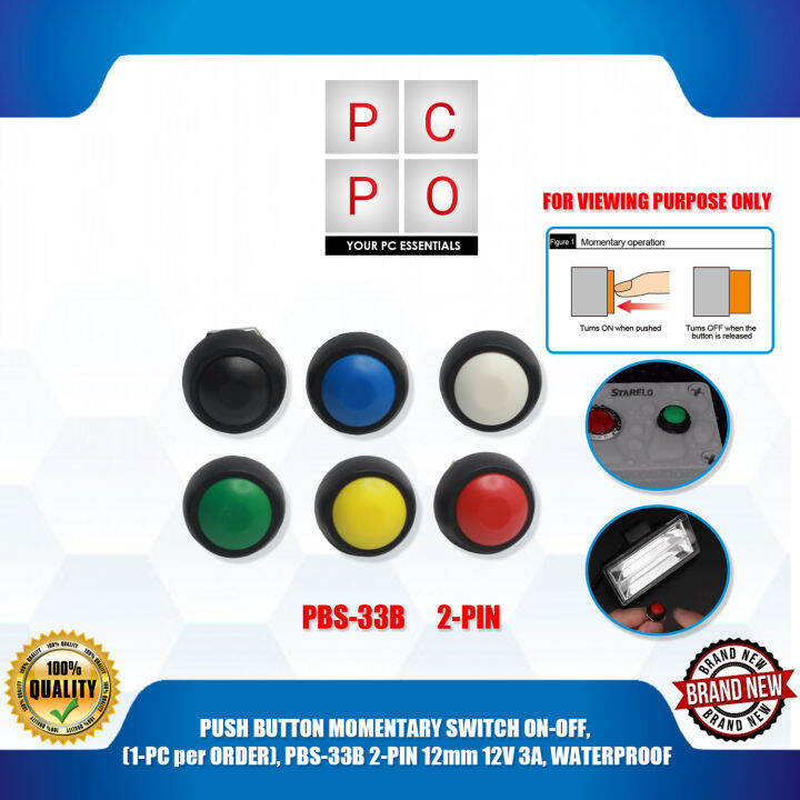 PUSH BUTTON MOMENTARY SWITCH ON-OFF, PBS-33B 2-PIN 12mm 12V 3A, WATERPROOF, RANDOM COLOR | Lazada PH
