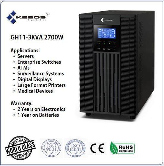 KEBOS GH11 3KVA 2700W Online Double Conversion Tower UPS - 0.9PF Pure Sine Wave Uninterruptible ...