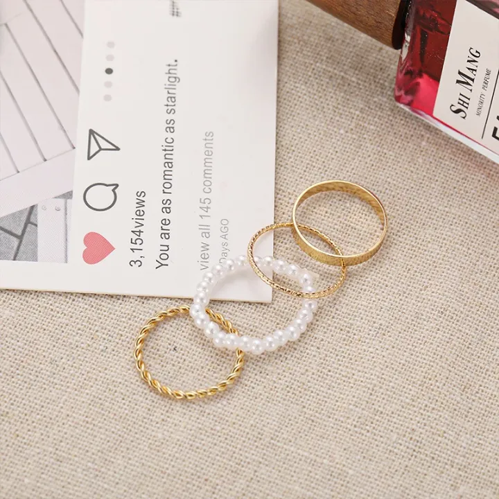 Korea Female Pearl Rings Women Gold Metal Ring Set Fashion Jewelry ...