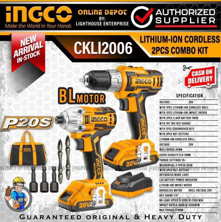 INGCO Lithium-Ion Cordless 2-Pc. Combo Kit (CKLI2006) *LIGHTHOUSE ...