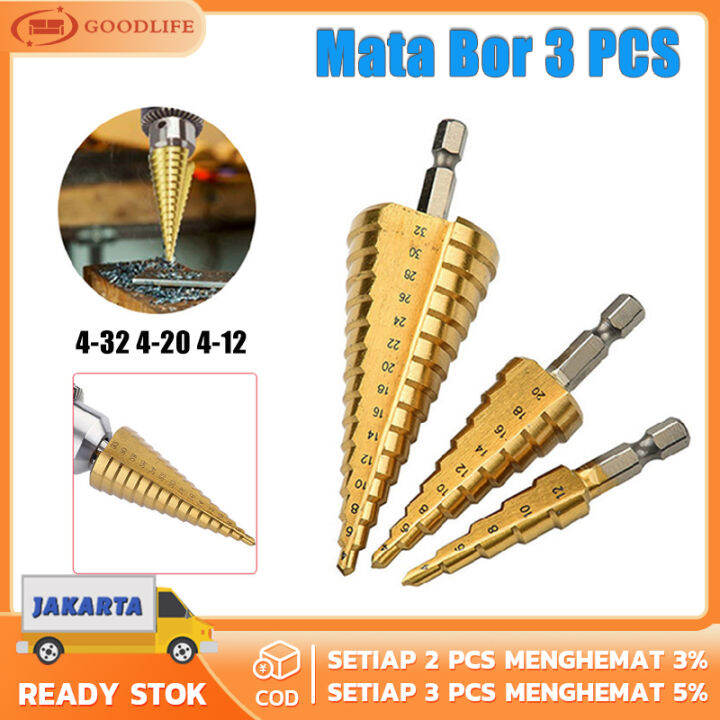 (Dikirim Dari Jakarta)Mata Bor Step Drill Berlapis Titanium HSS 3 PCS ...