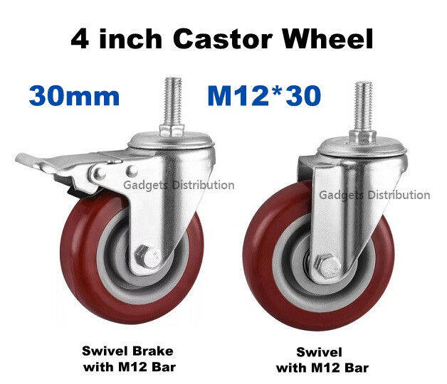 4" 4 inch M12 Bar Burgundy Heavy Duty 30mm PU Swivel Brake Castor ...