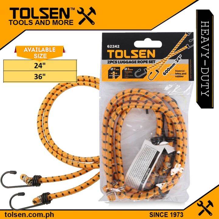 Tolsen 2pcs Luggage Rope w/ 2 Hooks (600mm, 24" | 900mm, 36”) Latex and ...