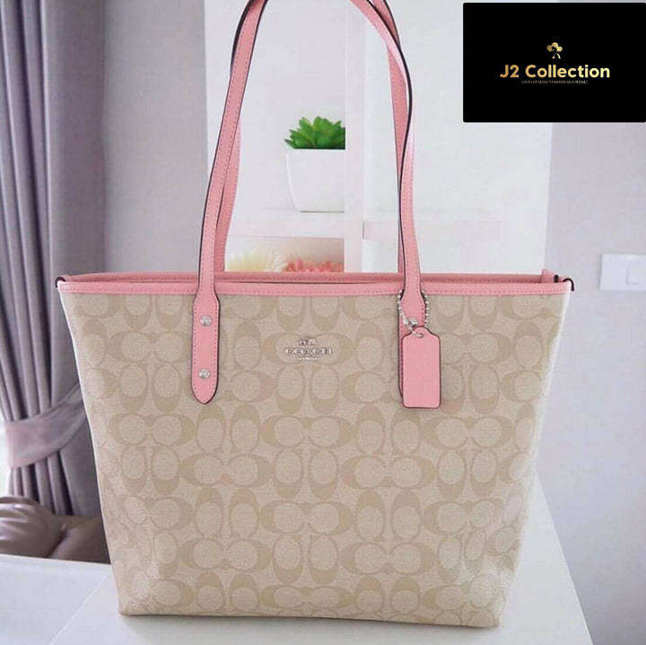 Coach F36876 Light Khaki / Light Pink City Zip Tote in Signature Coated ...