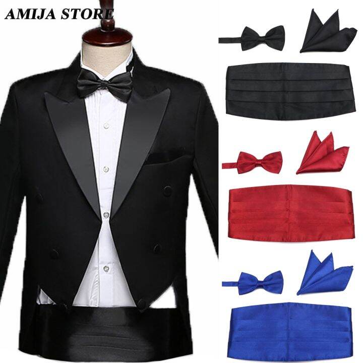 Colorful Mens Cummerbunds Bow Tie Pocket Square Set Black Red Waist ...