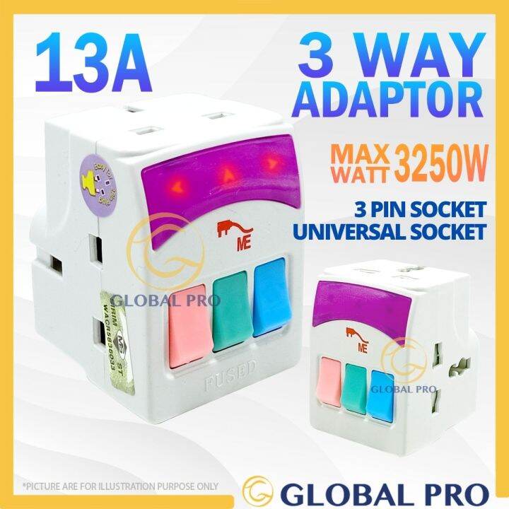 ME 13 Amp 3 Way Switch Adaptor 3 Pin / Universal Socket With Neon ...