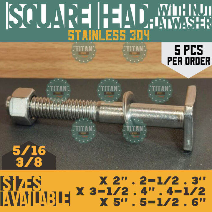 Titan Steel - 5pcs - Square Head Bolt with Nut & Flatwasher (Stainless ...