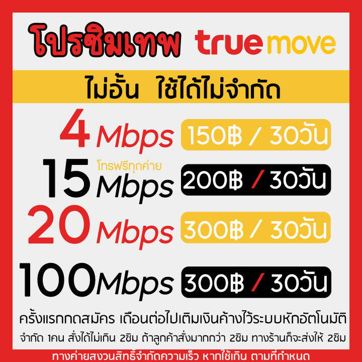 ซิมเน็ตTRUE 30Mbps 15Mbps 20Mbps และ 4Mbps ไม่อั้น ลดสปีด โทรฟรีทุกเครือข่าย มีให้เลือก 4 แบบ ...