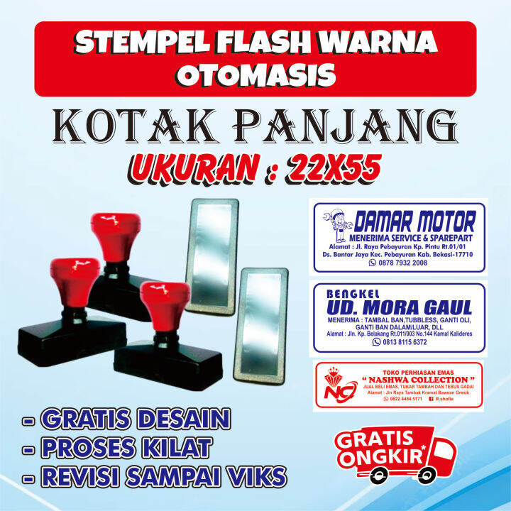 Stempel Flash Otomatis Warna Custom/Nama/Logo, Stample Flash, Stempel Kotak panjang Ukuran 22x55 ...