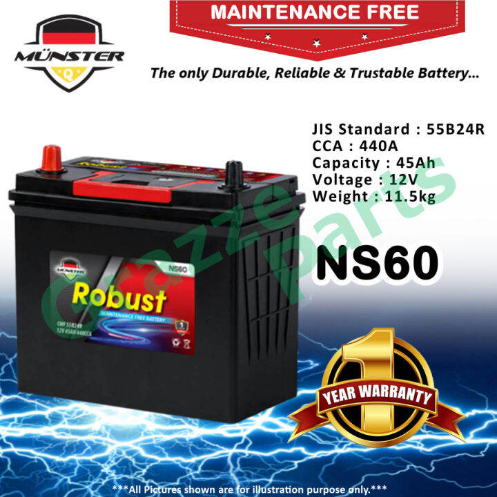 Münster Robust MF CMF NS60 | 55B24R (45AH) Car Battery Bateri Kereta ...