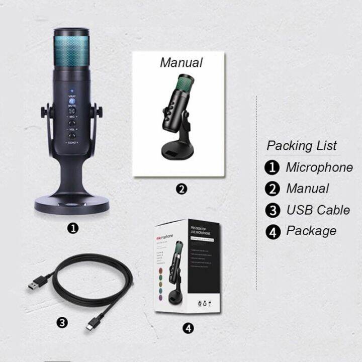 RGB USB Condenser Microphone Professional Vocals Streams Mic Recording ...