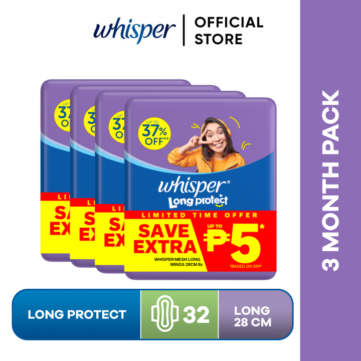 [3 MONTH PACK] Whisper Long Protect Sanitary Napkin with Wings (8 pads ...