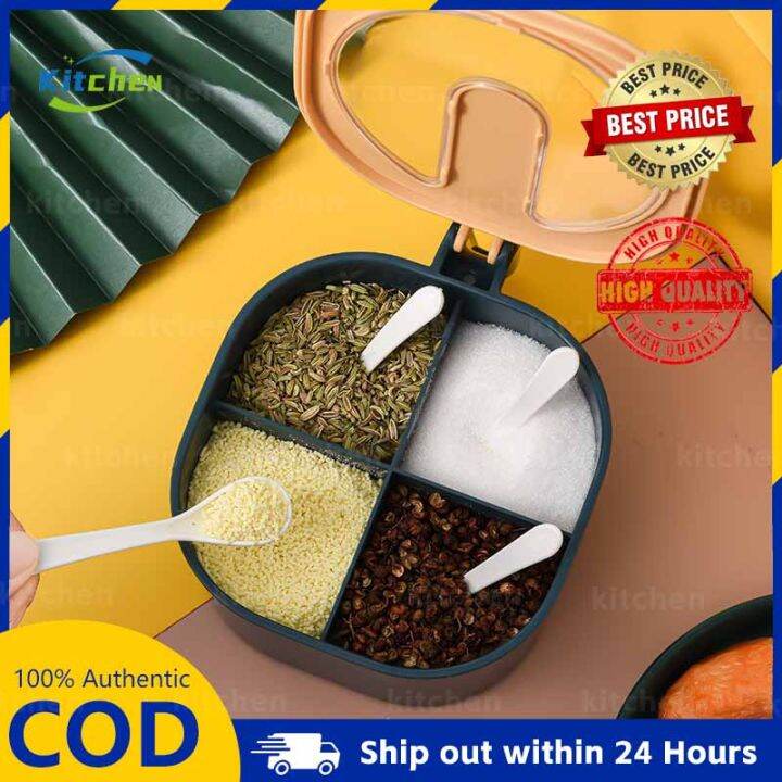 4 Grid Seasoning Box Plastic Kitchen Divider With Spoon Seasoning Jar ...