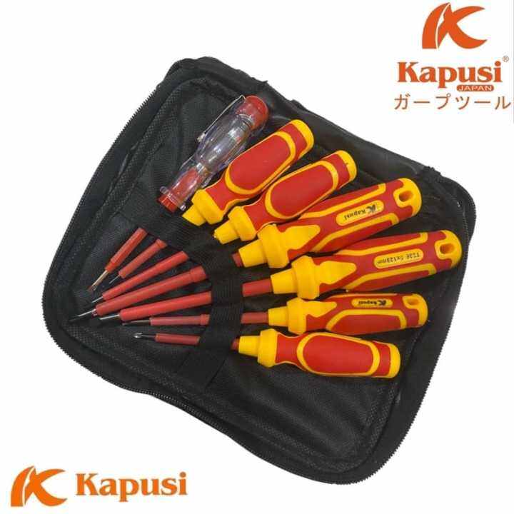 obeng listrik set 7 pcs KAPUSI plus testpen obeng plus min test pen ...