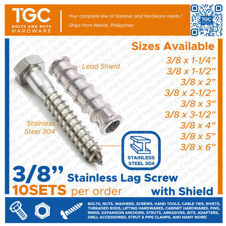 TGC 10PCS 3/8 x 1 1/4~6in. STAINLESS Lag Screw with Expansion Shield ...