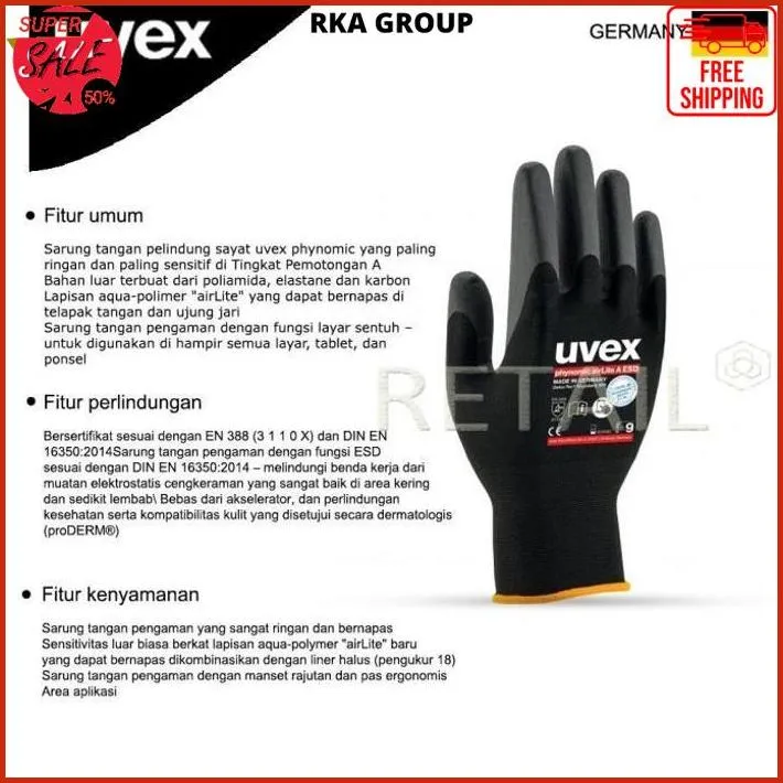 Uvex Safety Gloves Phynomic Airlite A Esd 60038 Size 9 (L) Dijamin Puas | Lazada Indonesia
