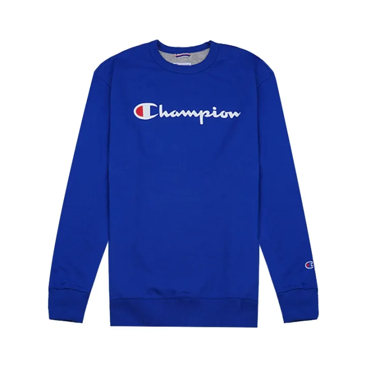 Champion cursive logo solid velvet crew neck athletics line Cotton Blue ...