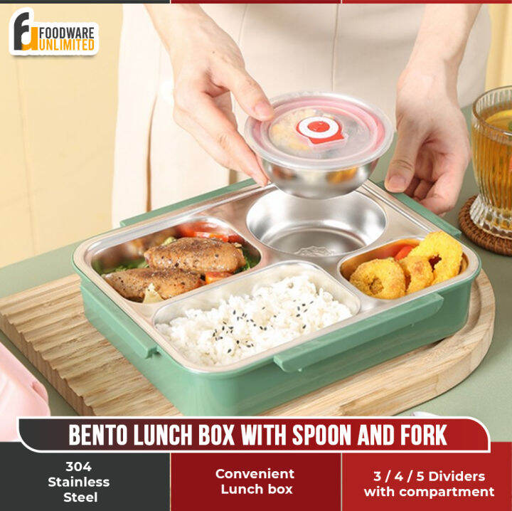 Bento Lunch Box Stainless Steel Leak-proof w/ Soup Bowl Spoon and Fork ...