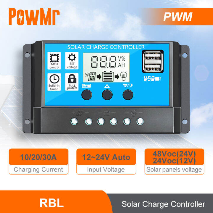 PowMr 10A 20A 30A PWM ตัวควบคุมพลังงานแสงอาทิตย์12V 24V จอแสดงผล LCD อัตโนมัติแบบ Dual 5V USB ...